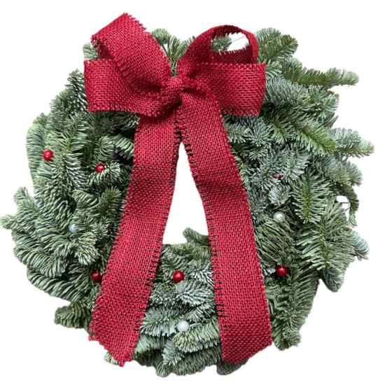 Julkrans med rosett av röd juteväv. Diameter ca 26 cm - Beställ hos Kransmakaren.se